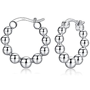Nupdot Chunky Silver Hoop Earrings for Women | Thick 925 Sterling Silver Post Beaded Ball Huggies Earrings Lightweight Hypoallergenic Hoops Jewelry Gifts. 15mm