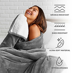 Bare Home Sherpa Fleece Blanket - Full/Queen Blanket - Blanket for Bed, Sofa, Couch, Camping and Travel - Warm & Lightweight - Fluffy & Soft Plush Blanket - Reversible (Full/Queen, Grey)