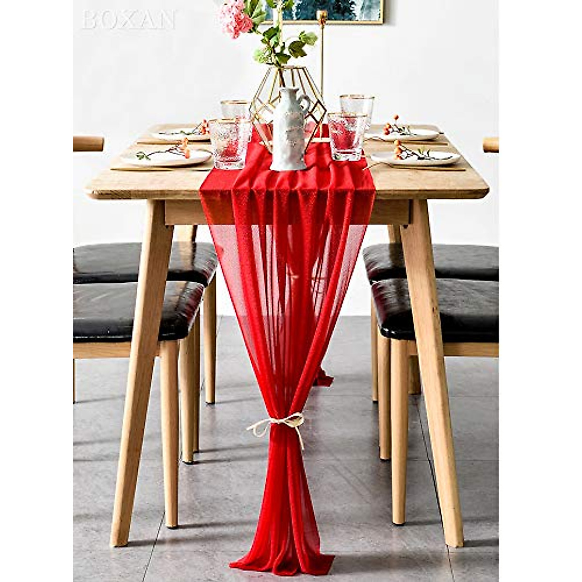 BOXAN Romantic 30x120 Inch Red Sheer Table Runner for Valentine's Day14th February, Wedding Anniversary, Marriage Proposals or Engagements Party Mother's Day Table Swag Valance Reception Decor