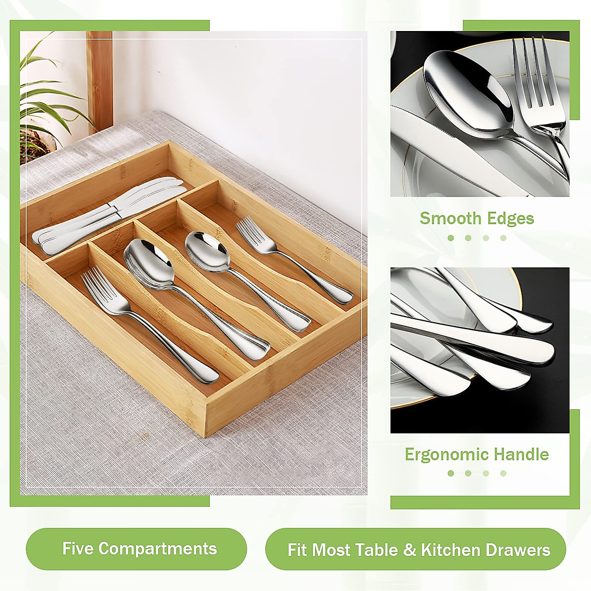 TIMGOU 20 Pcs Silverware Set with Organizer, 18/8 Stainless Steel Cutlery Set with Utensils Bamboo Tray for Kitchen Drawer, Serving Flatware for 4 with Storage Holder