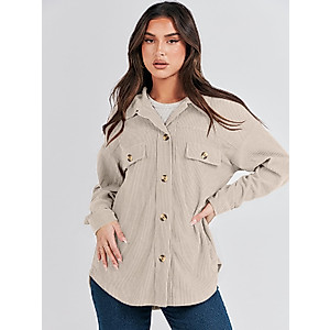 ANRABESS Womens Corduroy Shacket Button Down Shirts Oversized Long Sleeve Casual Cardigan Jacket 2025 Fall Fashion Clothes Beige Small