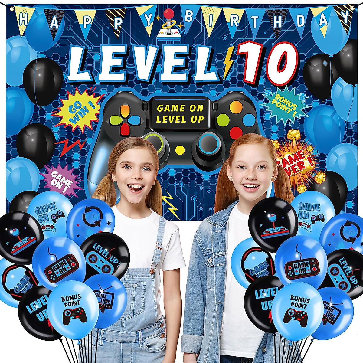 Vlipoeasn Video Game 10th Birthday Decorations for Boys, Blue Level 10 Banner Backdrop Honeycomb Centerpieces Hanging Swirls for 10th Birthday Party, Gamer 10 Years Old Party Supplies