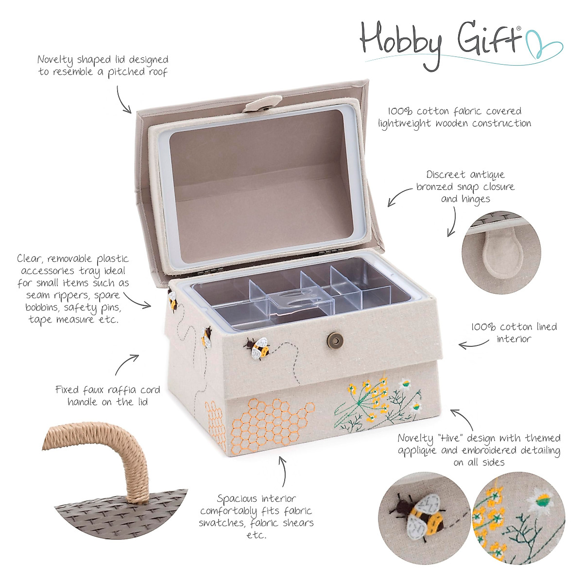 Hobby Gift Sewing Basket – 11.5 x 8.25 x 9 Novelty Sewing Box with Removeable Tray, Craft Storage & Hobby Organiser for Sewing Supplies – Bee