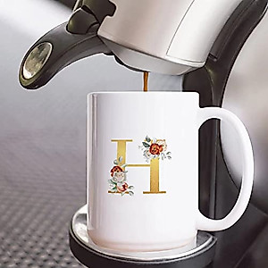 Yelolyio Watercolor Floral Monogram Coffee Mug, Alphabet Initial Letter H Coffee Cup, Monogram Mug Cup, 15oz