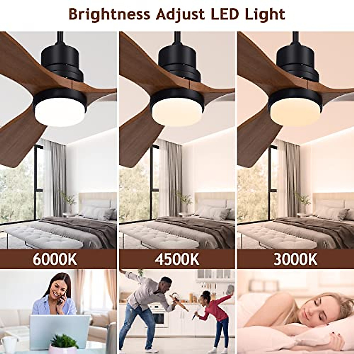 ghicc Ceiling Fans with Lights and Remote Modern Ceiling Fans with 3 Walnut Wood Blades, Indoor/Outdoor Ceiling Fans for Patios Farmhouse Bedroom，42"， Matte Black