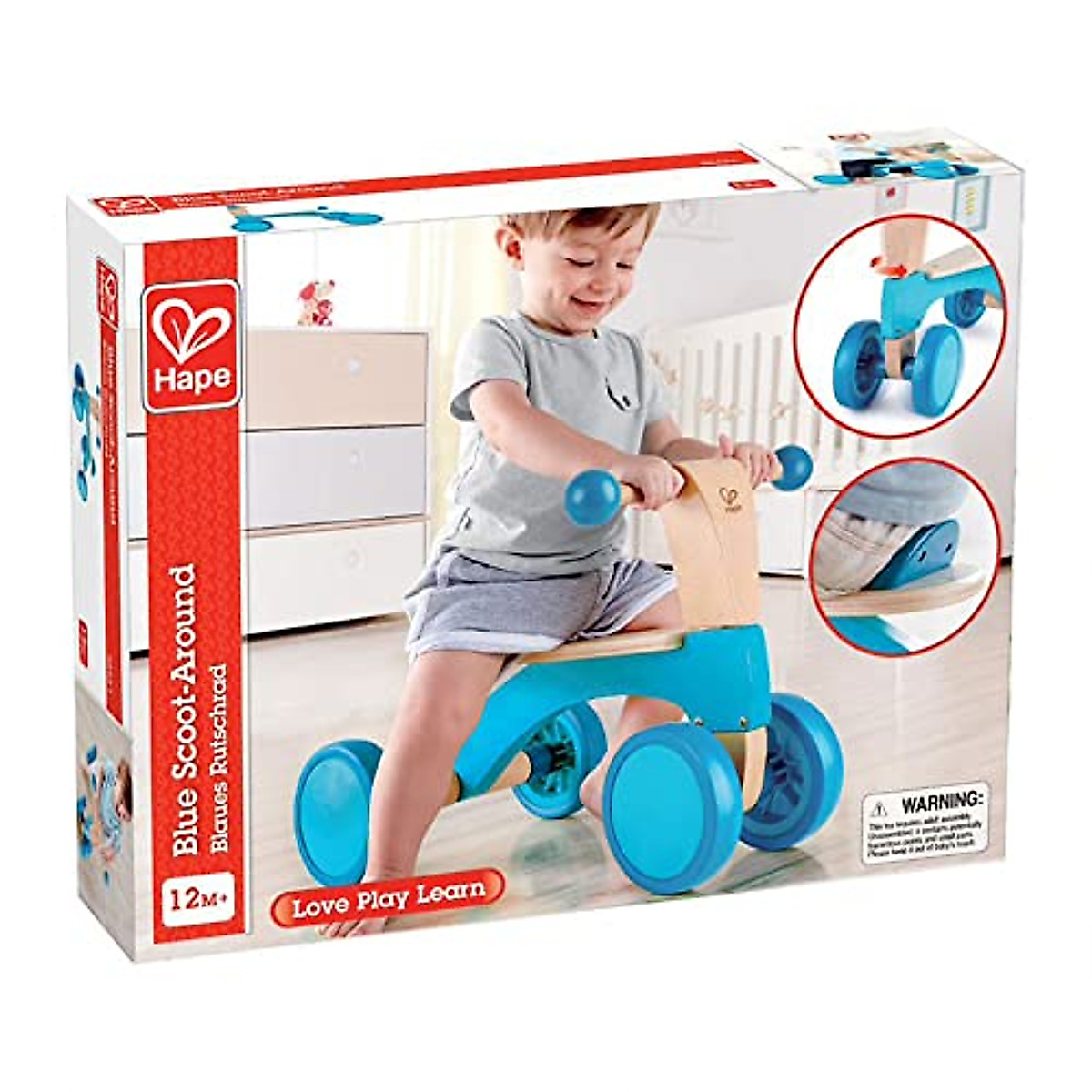 Hape Scoot Around Toddlers Babies Kids Ride On Wooden Push Balance Bike Scooter Toy Indoor Outdoor Activity No Pedals with 4 Rubberized Wheels, Blue