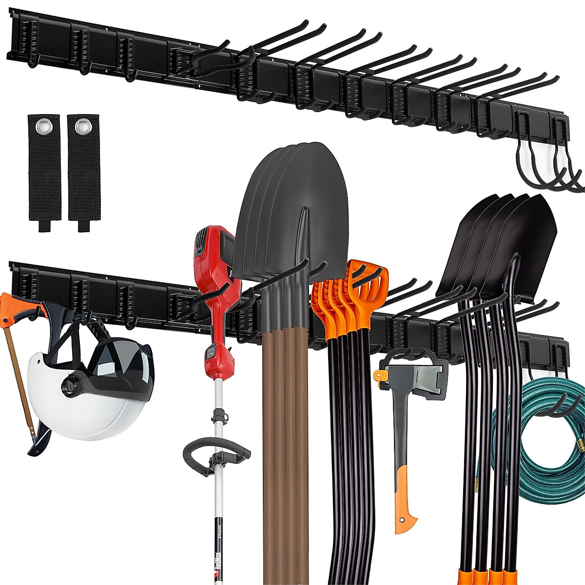Sinoer Garage Garden Tool Organizer Wall Mount, Tool Storage Rack with 12 Hooks with 2 Straps, for Trimmers, Hoses,Garden Tools, Chairs