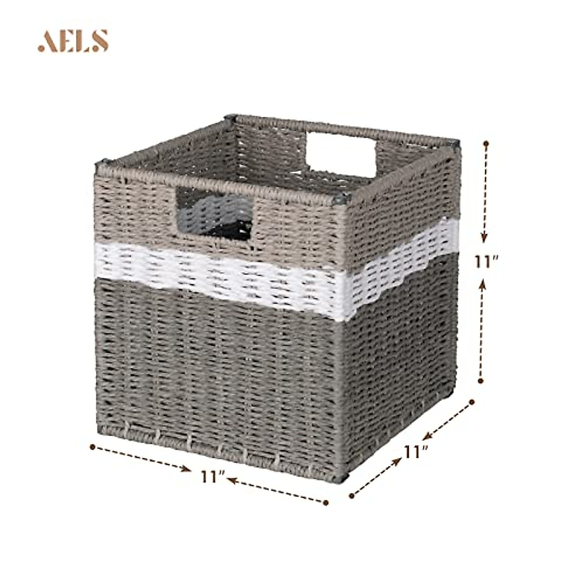 AELS Woven Baskets for Storage, Natural Hand-woven Storage Baskets for Organizing, Cubby Cubes Storage Bins for Shelves, 11" Modern Farmhouse Square Storage Cubes with Handles, Gray and White, 4 Pack