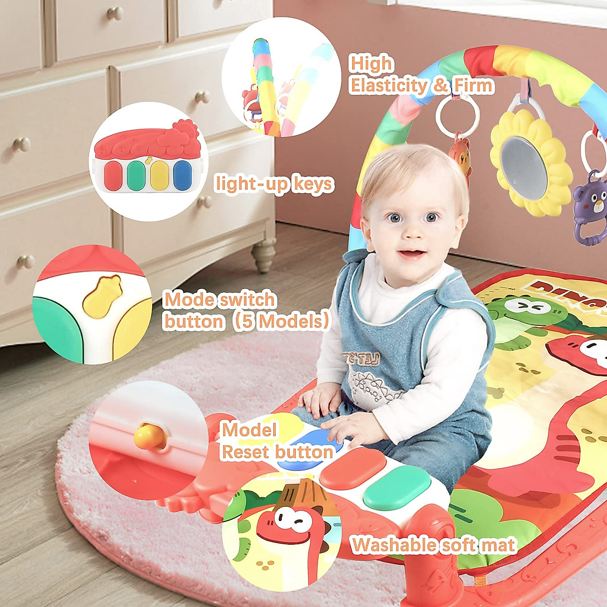 BLUELF Baby Play Mat Baby Gym, Baby Activity Mat with Play Piano Music and Lights, Piano Gym Floor Mat, Early Development Baby Play Mat Gift for Babies Newborn