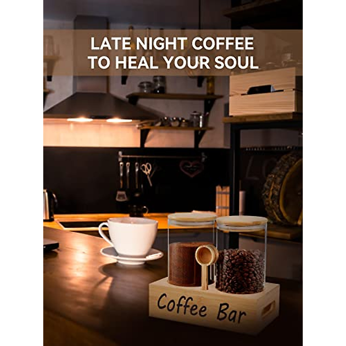Glass Coffee Containers with Shelf Printed Coffee Bar- 2 Pcs 49oz BPA Free Coffee Storage Jars with Airtight Sealed Bamboo Lids Spoon, Kitchen Food Storage Jars for Coffee Beans & Powder, Sugar, Tea