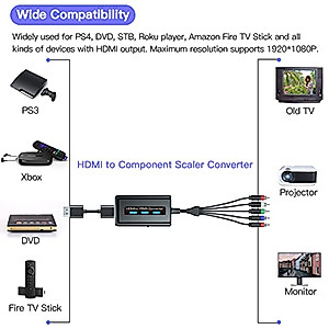 HDMI to Component Converter Cable with Scaler Function, 1080P HDMI to YPbPr Scaler Converter with HDMI and Integrated Component Cables, HDMI to RGB Converter, HDMI in Component Out Converter