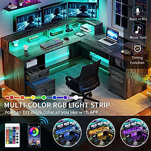 DWVO L Shaped Desk with Drawers, 60" Corner Computer Desk with Power Outlets & Lift Top, Home Office Desk with Storage Cabinet & LED Lights, Wood Desk, Height Adjustable Desk, Grey