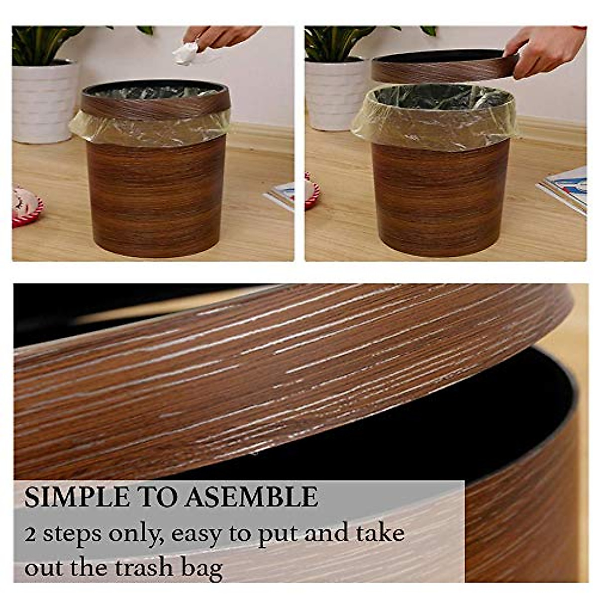 Round Waste Bins Hipsteen Retro Style Pressing Ring Plastic Trash Can Household Office Mimetic Wood Grain Garbage Bin Kitchen Outdoor Bedroom Bathroom Office Commercial Bins Waste