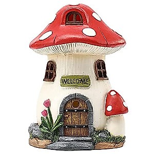 WONDHOME Mushroom Illuminated Miniature Fairy Landscape House with Solar Powered LED Outdoor Garden Statue