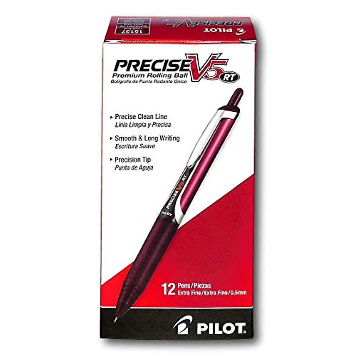 PILOT Precise V5 RT Refillable & Retractable Liquid Ink Rolling Ball Pens, Extra Fine Point (0.5mm) Burgundy Ink, 12-Pack (15137)