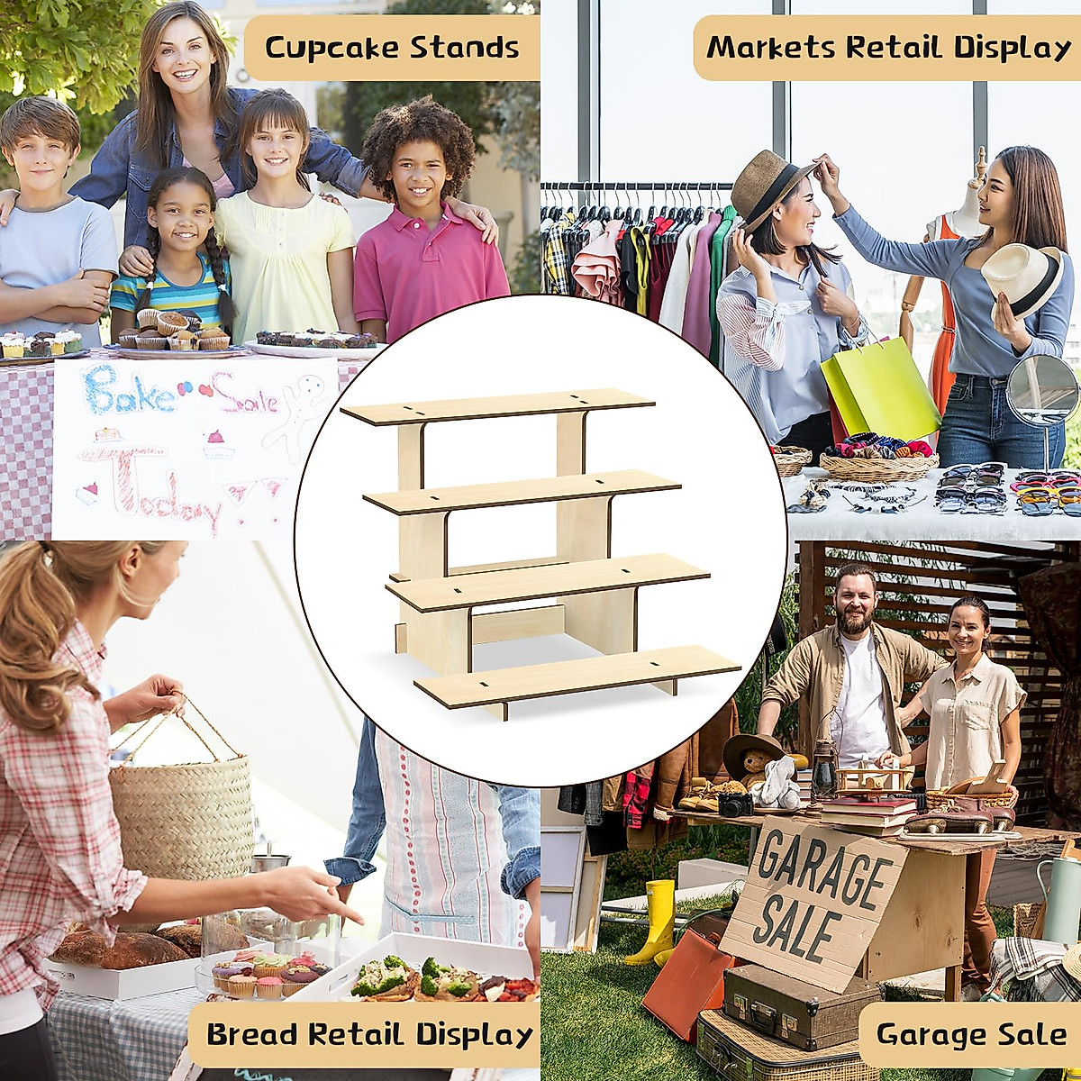 4-Tier Wood Straight Table Retail Display Wood Cupcake Stands Dessert Stands Retail Display Stand for Craft Shows Farmers Markets Cupcakes Candy Jewelry Desserts Counter Top Home Wedding Party