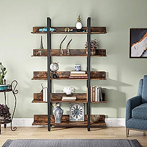 Tribesigns 5 Tiers Bookcase, 5-Shelf Industrial Style Etagere Bookcases and Book Shelves, Metal and Wood Free Vintage Bookshelf with Back Fence, Rustic Brown