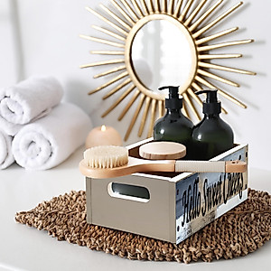 Lnond Rustic Bathroom Decor Box, Bathroom Toilet Tank Tray Storage Basket, Hello Sweet Cheeks Bathroom Wooden Toilet Paper Basket with Handle (Blue and Brown)