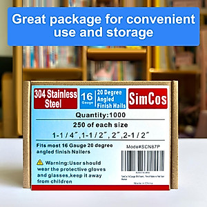 SimCos 16 Gauge Angled Finish Nails 304 Stainless Steel,(1-1/4", 1-1/2", 2", 2-1/2"), 20-Degree,Assorted Size Project Pack for Pneumatic, Electric Finish Nailer or Nail Gun (Assembly 1000)