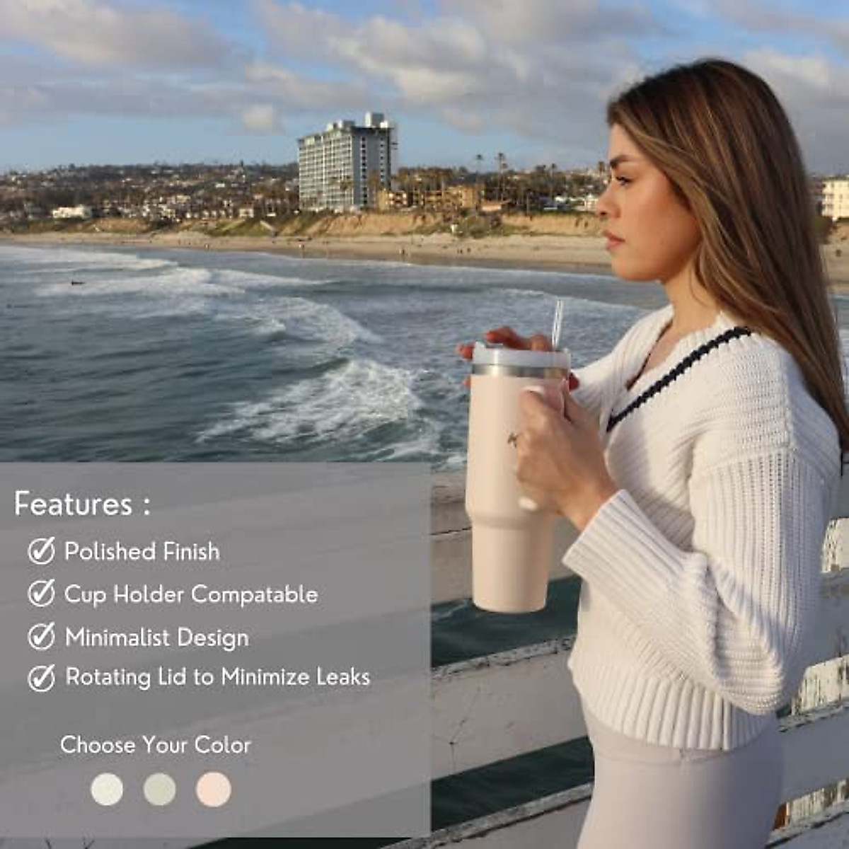 DUPE 40 oz Insulated Tumbler with Handle & Straw Lid – Stainless Steel Vacuum Insulated Water Bottle, BPA-Free, Travel Mug, Cupholder Friendly, Modern Gift for Women & Men (Rose Quartz)