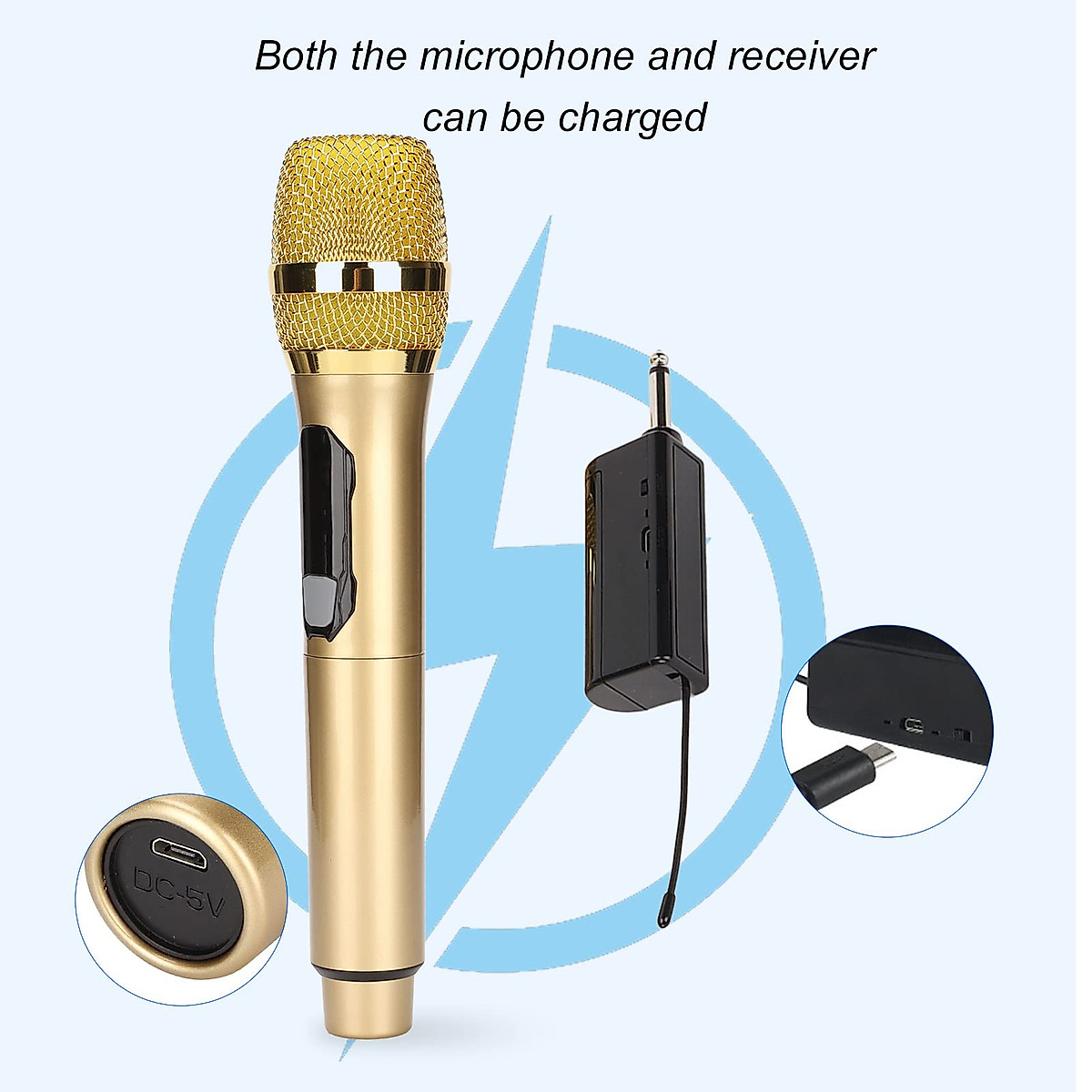 GOWENIC Microphone,Metal Dual Professional UHF Cordless Dynamic Mic Handheld Microphone System, for Home Karaoke, Meeting, Party, Church, DJ, Wedding(Gold)