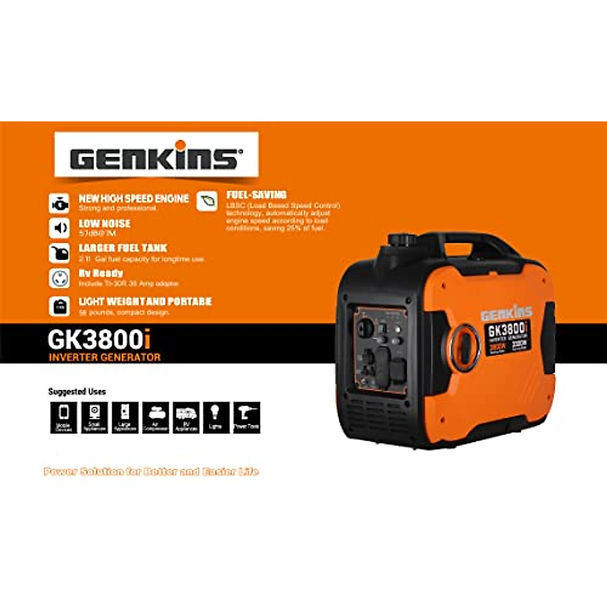 GENKINS 3800 Watt Portable Inverter Generator Ultra Quiet RV Ready Emergency Home Back up Recreation etc Gas Powered EPA Compliant Ship to Puerto Rico