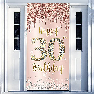 Happy 30th Birthday Door Banner Backdrop Decorations for Her, Pink Rose Gold 30 Birthday Party Door Cover Sign Supplies, Thirty Year Old Birthday Poster Background Decor