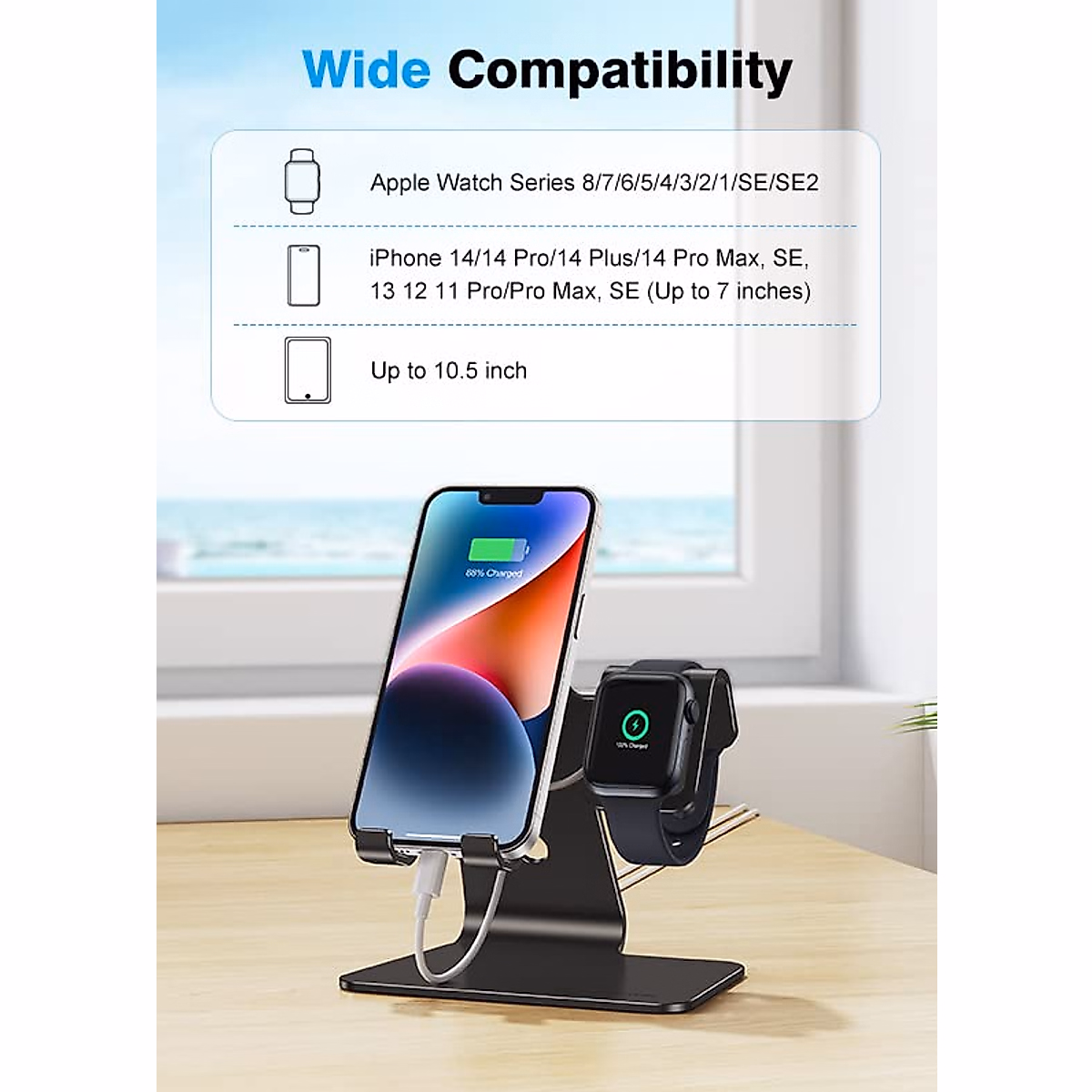 OMOTON Stand for Apple Watch - 2 in 1 Universal Desktop Stand Holder for iPhone 14 13 12 11 All Series and Apple Watch Series 8/SE2/7/6/SE/5/4/3/2 (Both 38mm/40mm/41mm/42mm/44mm/45mm) (Black)