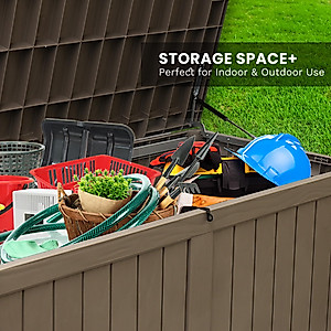 Plainsity 180 Gallon Outdoor Storage Box, Durable Deck Boxes Outdoor Waterproof, Resin Waterproof Deck Box for Patio Furniture Outdoor Cushions Garden Tools and Pool Storage (Light Brown)