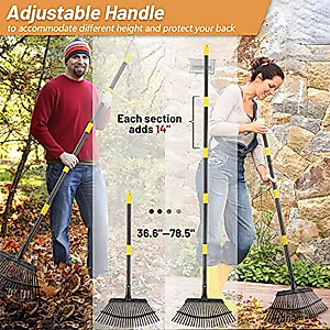 Leaf Rake for Gardening - 18" Wide Garden Rake for Leaves,25 Tines Yard Rakes for Lawns Heavy Duty,36-78" Adjustable Handle for Easy Cleaning,Metal Rake for Shrub,Grass,Detachable for Camping