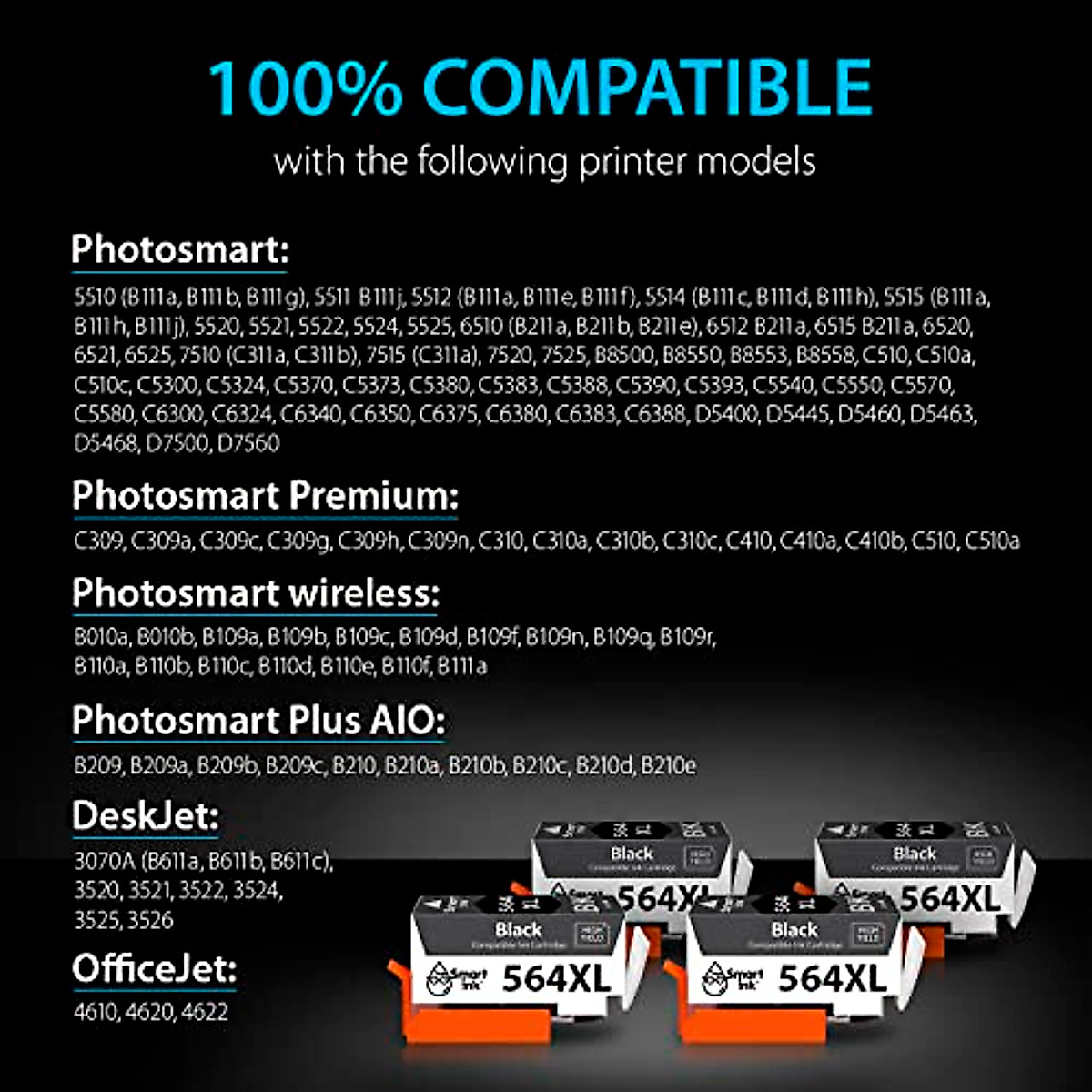 Smart Ink Compatible Ink Cartridge Replacement for HP 564XL 564 XL (4 Black Combo Pack) for Photosmart 6525 6520 7520 5520 7510 5510 7525 6515 6510 B210 C410 5514 B209 B209a C309 C309 OfficeJet 4620