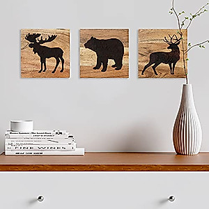 HomeRustique Real Wooden Cabin Decor with Bear, Deer and Moose (Set of 3) - Woodland Rustic Wall Decoration for Home, Log Cabin, Hunting Theme, Mountain Lodge or Bathroom, Animal Pictures Decor