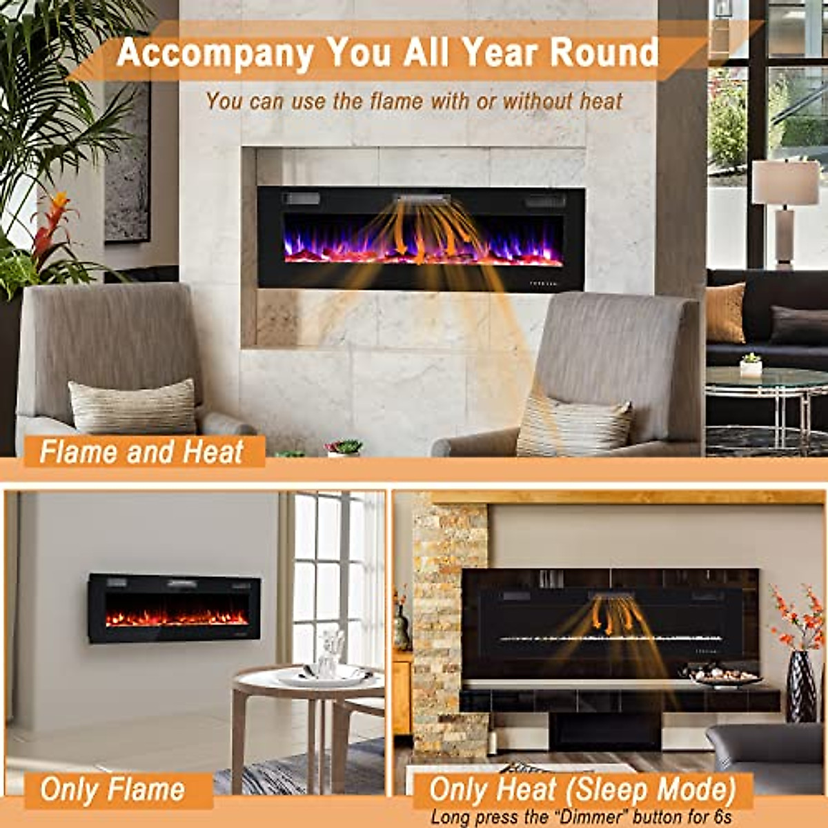 COSTWAY 60 Inches Ultra-thin Electric Fireplace, 750W/1500W Recessed & Wall Mounted Electric Fireplace with Remote Control, Timer, Log & Decorative Crystals, Adjustable Flame Color, Brightness, Speed 