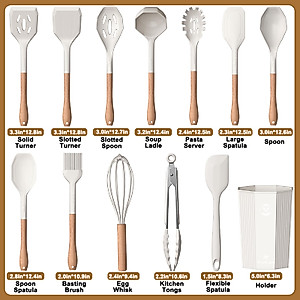 Kitchen Utensils Set- 13 Pcs Cooking Utensils with Tongs, Spoon Spatula &Turner Made of Heat Resistant Food Grade Silicone and Wooden Handles Kitchen Gadgets Tools Set for Nonstick Cookware (White)