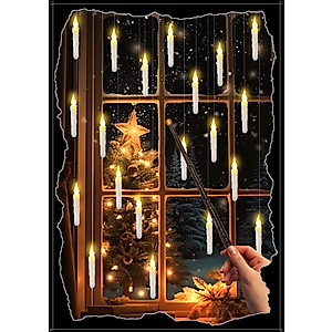 Floating Candles with Wand Remote, 4Pcs Magic Warm Flickering Flameless Hanging Candles,Battery Operated Window LED Taper Lights for Halloween Christmas Decor Home Party