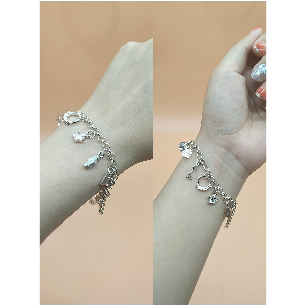 Dicomeng Sterling Silver Bracelet, 13 Small Pendants Charm Bracelet for Women, Adjustable 18+4cm, 925 Silver Plated, Great Gift for Ladies