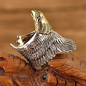 Two Tone Flying Eagle Ring with Golden Head Vintage 925 Sterling Silver Hawk Ring for Men Women Open Adjustable