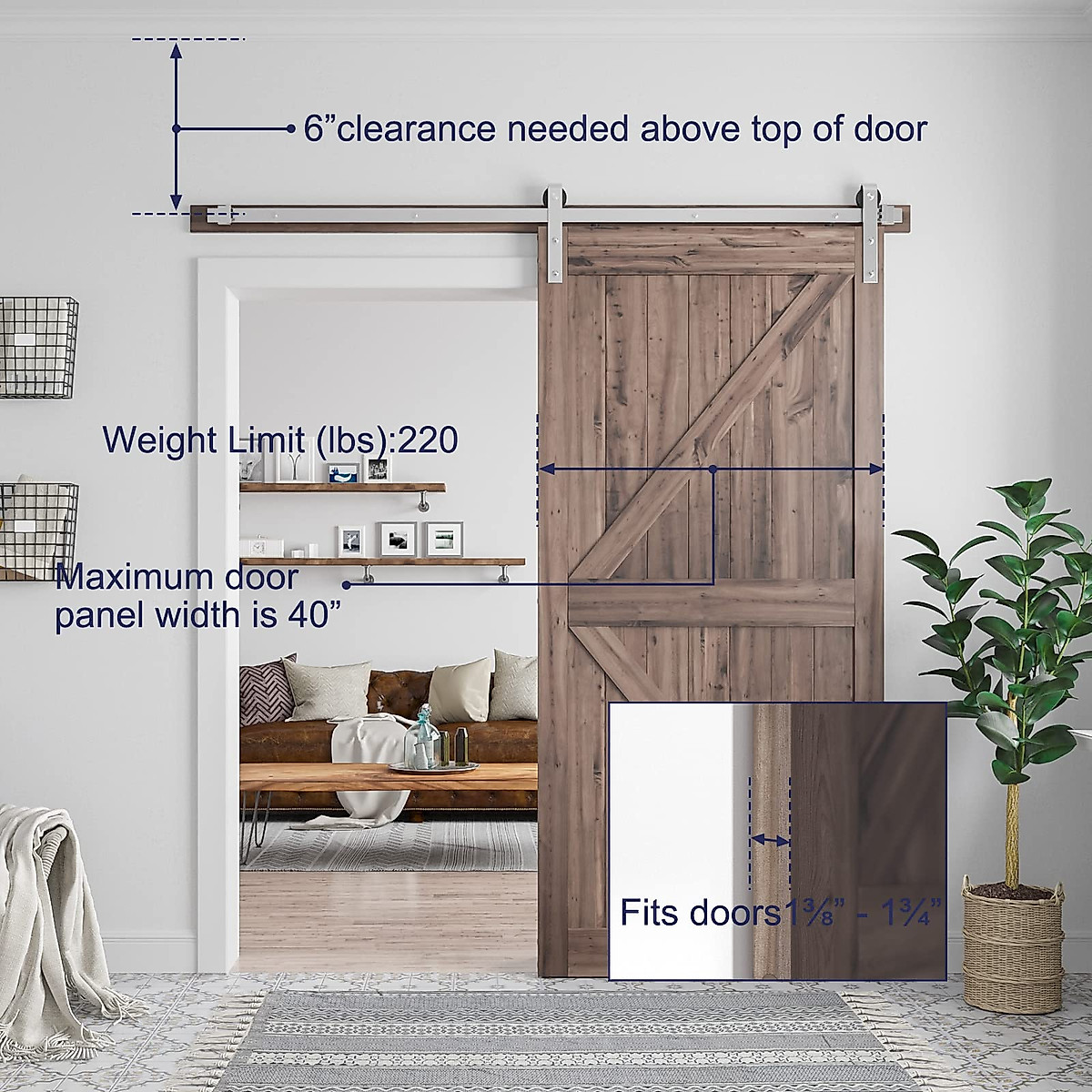SMARTSTANDARD 6.6 Feet Brushed Nickel Barn Door Hardware Kit-Heavy Duty Sliding Track-Smoothly and Quietly-Easy to Install-Fit 36"-40" Wide Door Panel (J Shape Hanger)