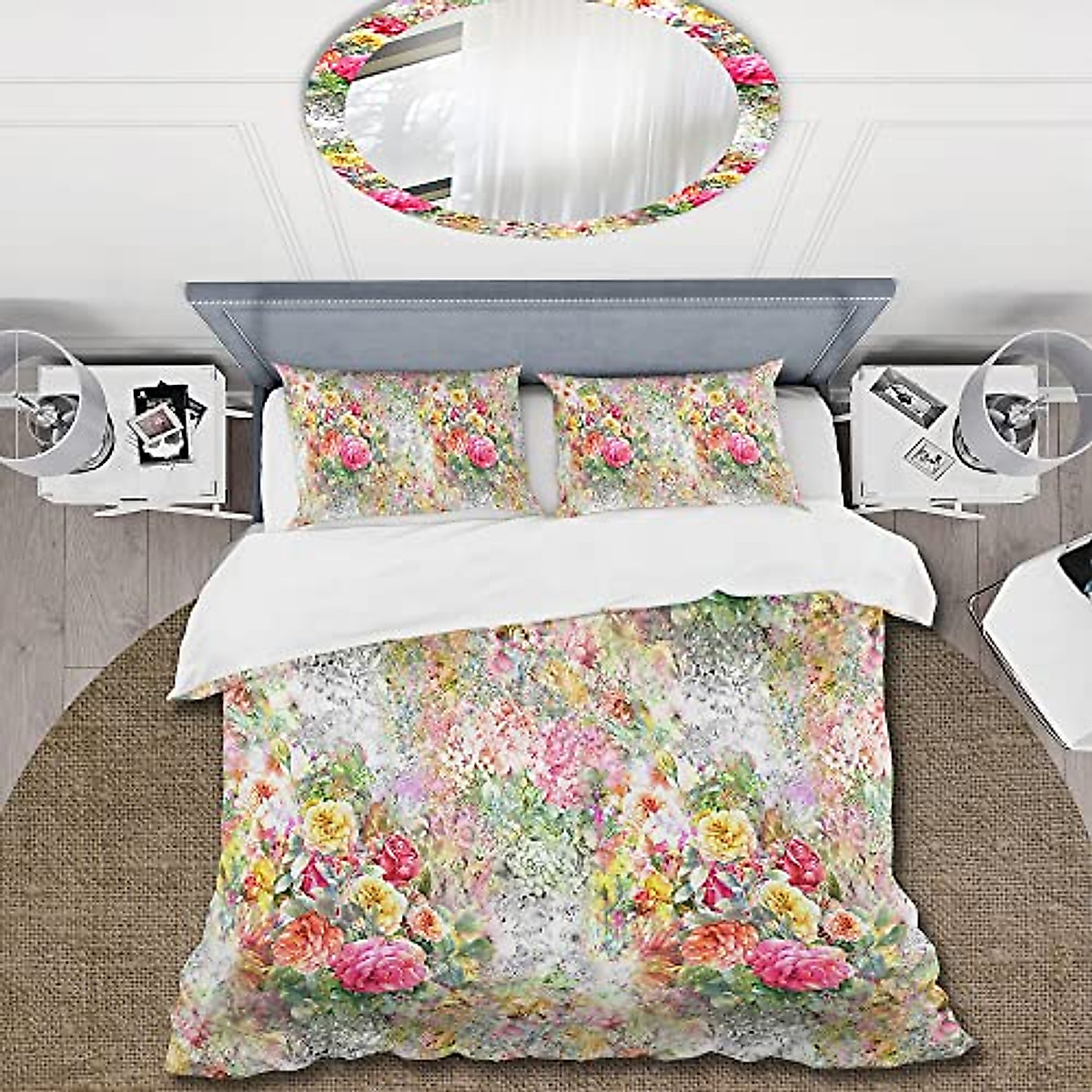 DESIGN ART Designart 'Red Yellow & Pink Flowers with Grunge Floral Background' Traditional Duvet Cover Set Twin