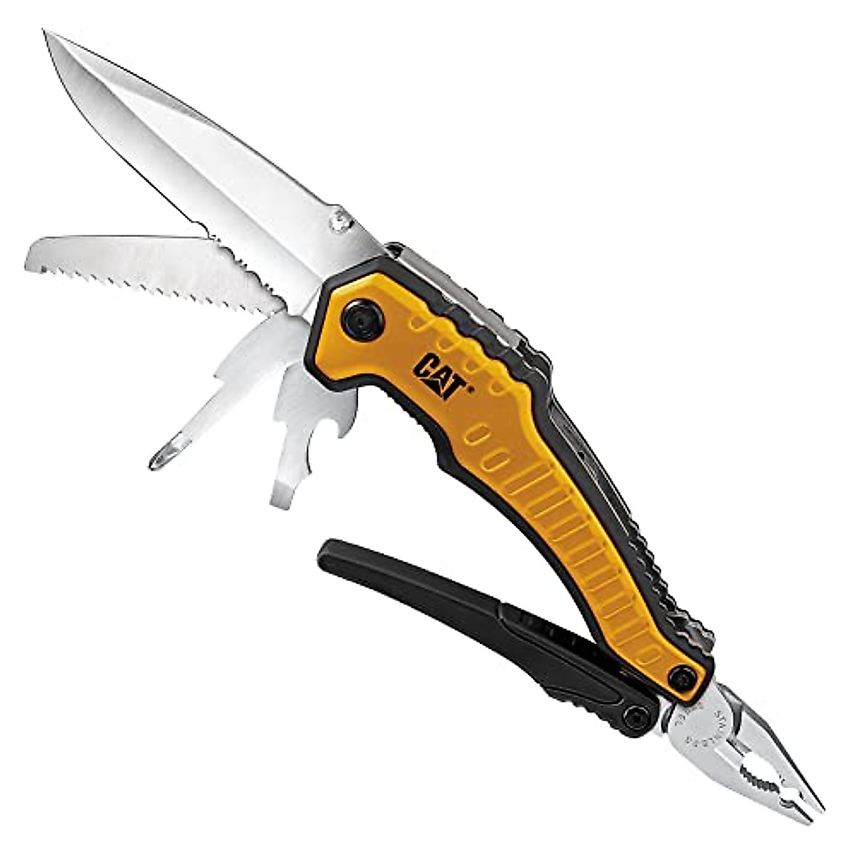 Caterpillar Multi Function Tool 9-in-1, X-Large, Long Nose Pliers, Wire Cutter, Knife, Bottle Opener, Screwdriver, Saw Blade, with Pouch - Yellow 980045