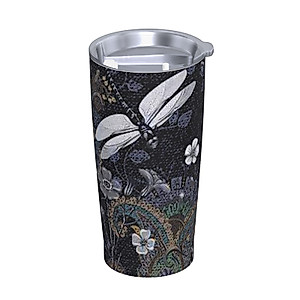 EVANEM 20 Oz Stainless Steel Tumbler With Straw Cleaner Dragonflies Grey Printed Insulated Cup Travel Coffee Mug Vacuum Insulated Tumblers For Home Office