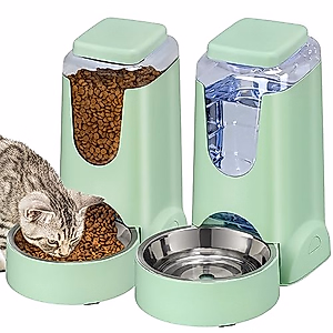 2 Pack Automatic Cat Feeder and Water Dispenser with Stainless Steel Dog Bowl Gravity Self Feeding for Small Medium Pets Puppy Kitten 1 Gallon x 2 (Green)