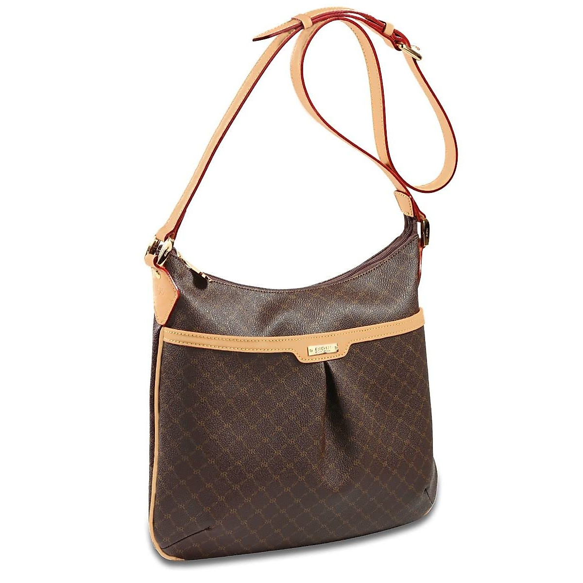 Rioni ST-20294 Livvy THE HOBO MESSENGER SIgnature Brown Canvas Leather Handbag Crossbody
