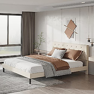 BONSOIR Queen Size Bed Frame Upholstered Low Profile Traditional Platform with Tufted Headboard/No Box Spring Needed/No Bed Skirt Needed/Soft Faux Velvet Upholstery/ Ivory