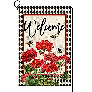 Baccessor Spring Summer Geranium Welcome Garden Flag Double Sided Summer Bee Red Floral Buffalo Plaid Small Burlap Yard Flag House Seasonal Farmhouse Outside Outdoor Decoration 12.5 x 18 Inch