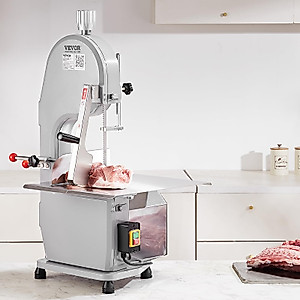 Commercial Electric Meat Bandsaw, 1100W Stainless Steel Countertop Bone Sawing Machine, Workbeach 19.3" x 15", 0.16-7.9 Inch Cutting Thickness, Frozen Meat Cutter with 6 Blades for Rib Pork Beef