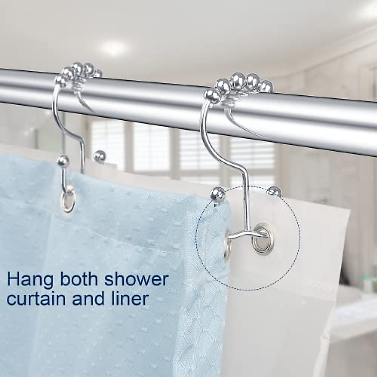 Gidse Shower Curtain Hooks,Sturdy Stainless Steel Double Sided Shower Hooks Rings for Bathroom Shower Curtain Rods Curtains Set of 12 Hooks - Chrome