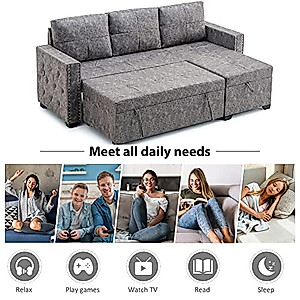 Merax 84" Pull-Out Sleeper Sofa Bed with USB Port,L-Shaped Storage Corner Sofa Bed with Storage Chaise Lounge, 3-Seater Upholstered Sofa Couch with Nail Head Trim