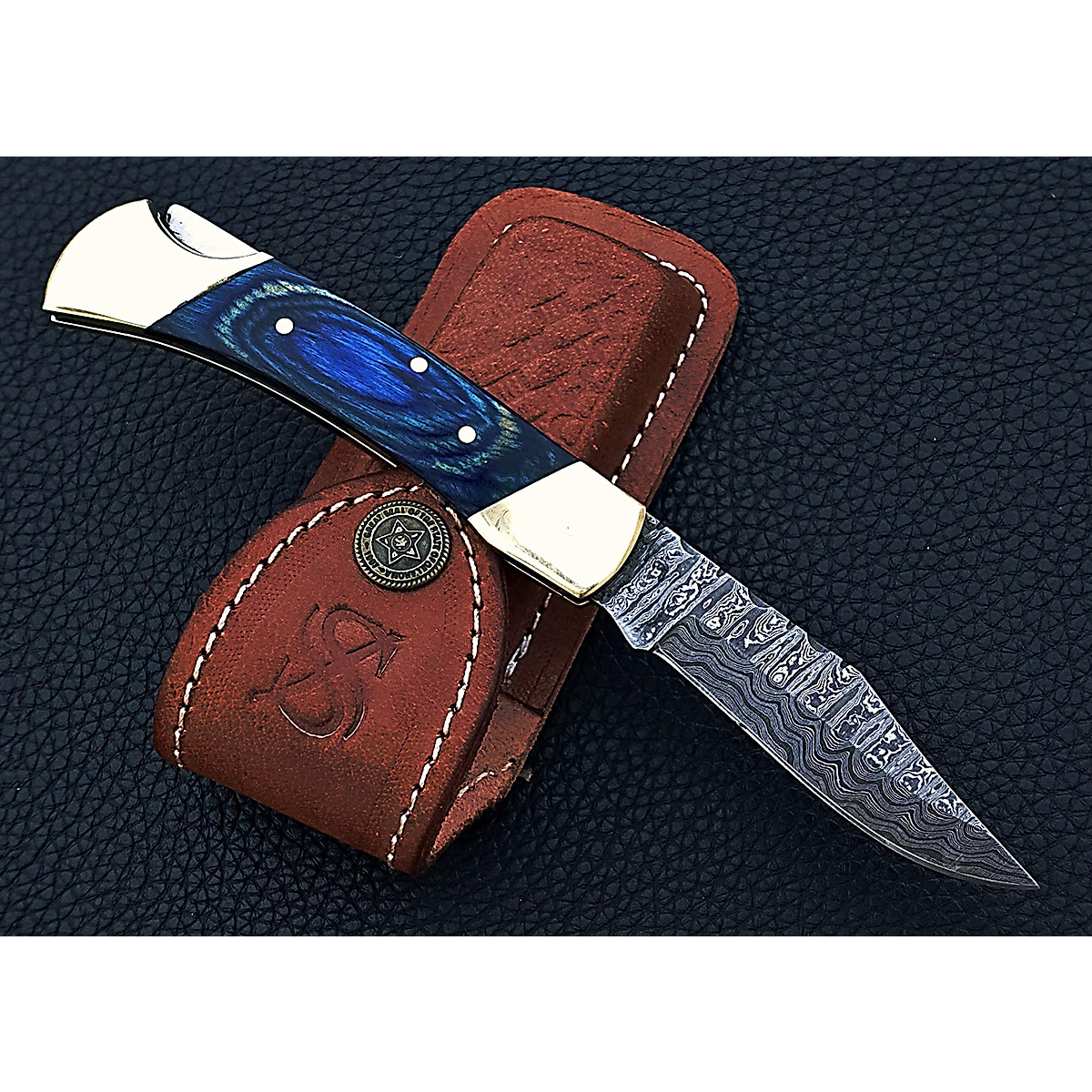 Smart & Sharp Custom Handmade Damascus Steel Folding Knife/Pocket Knife AR-17395 (Blue Colored wood) (blue)