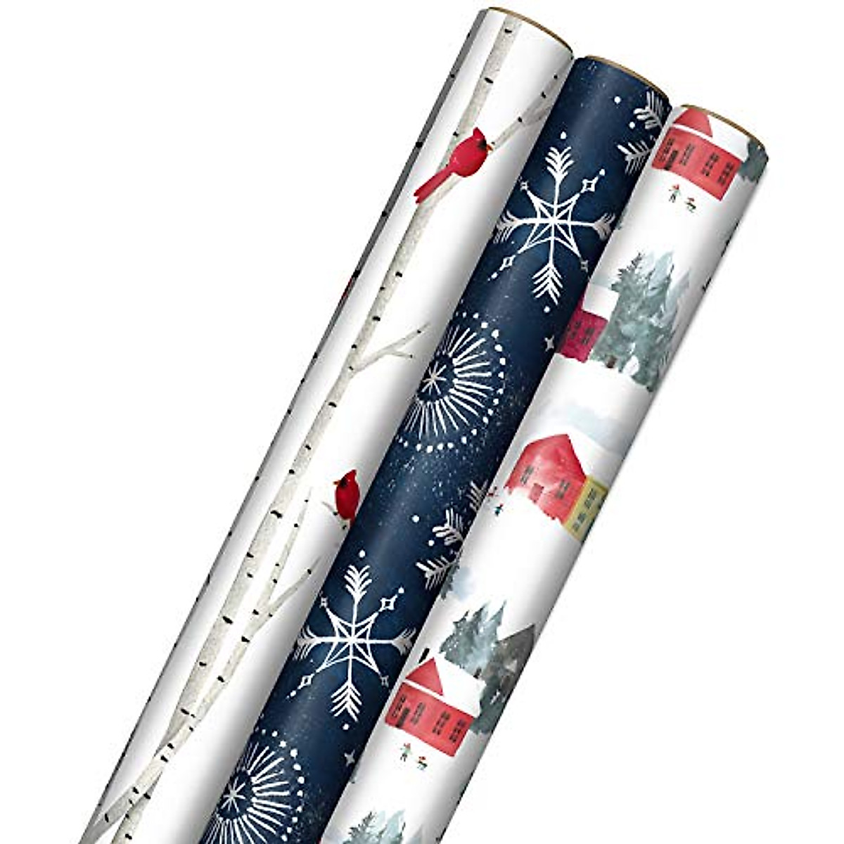 Hallmark Christmas Wrapping Paper with Cut Lines on Reverse (3 Rolls: 120 sq. ft. ttl) Snowy Village, Starry Snowflakes, Birch Trees & Cardinals